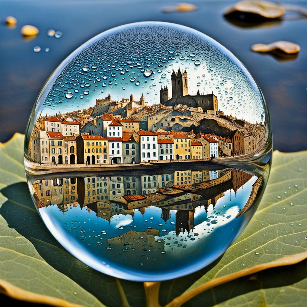 Art by M.C. Escher, an intricate cityscape visible through the ...