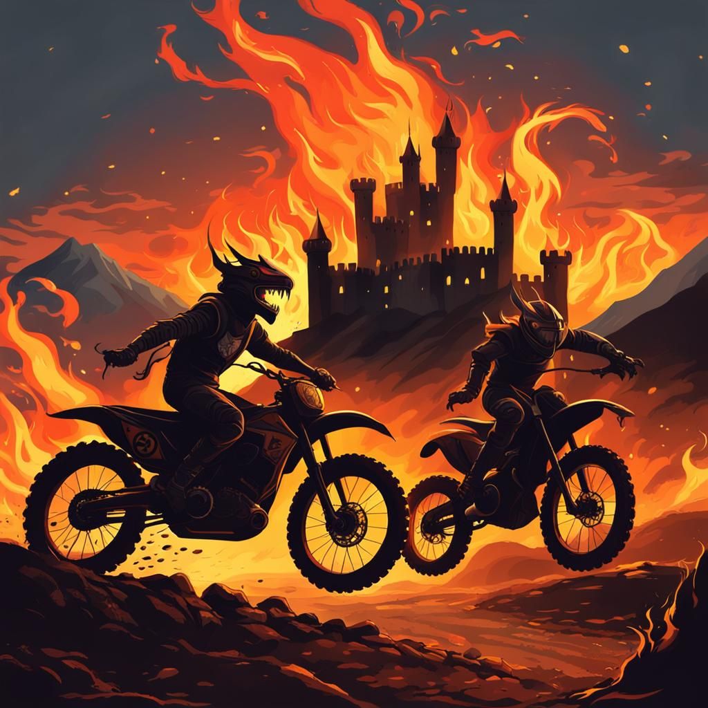epic chase with horned silhouette salamanders on dirt bikes . Medieval ...