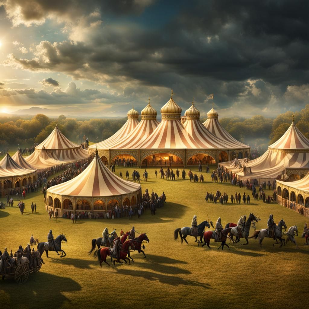 field of Renaissance grand tent pavilions, knights and horses, Epic ...