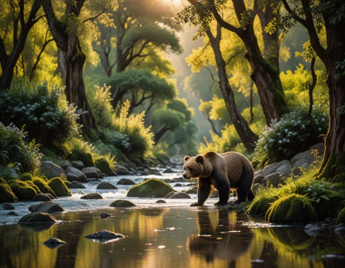 Querido osito - Surreal Dawn Forest with Oso Cazando Peces i...