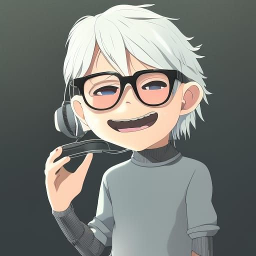 white hair Chibi Boy with Headphone and glasses that smiles - AI ...