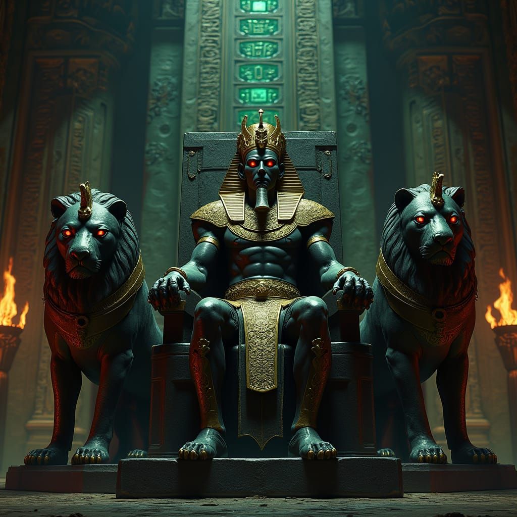 Ancient Egyptian Pharaoh in Dark-Gold Armor and Se... - AI Art