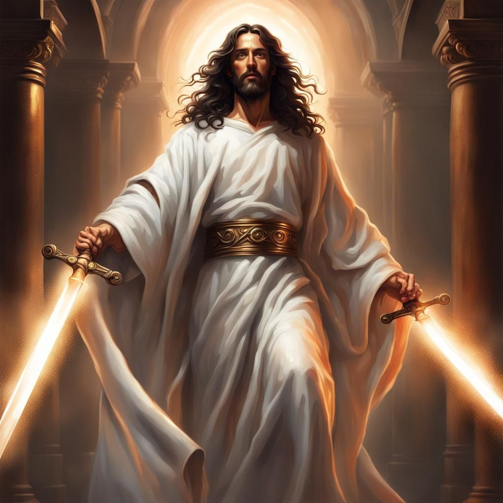 Jesus with really curly black long hair, His eyes glowing like coals ...