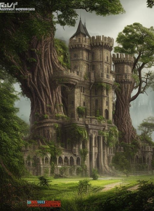 gigantic castle, adorned pillars, towers, gnarly trees, lush vegetation ...