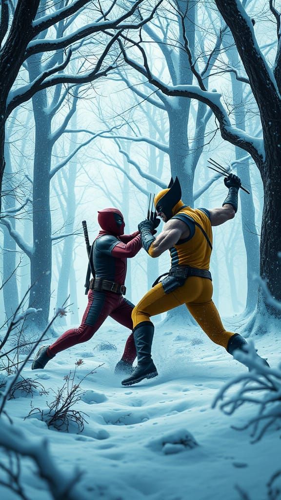 Wolverine and Deadpool Engage in Epic Snowy Battle - AI Art