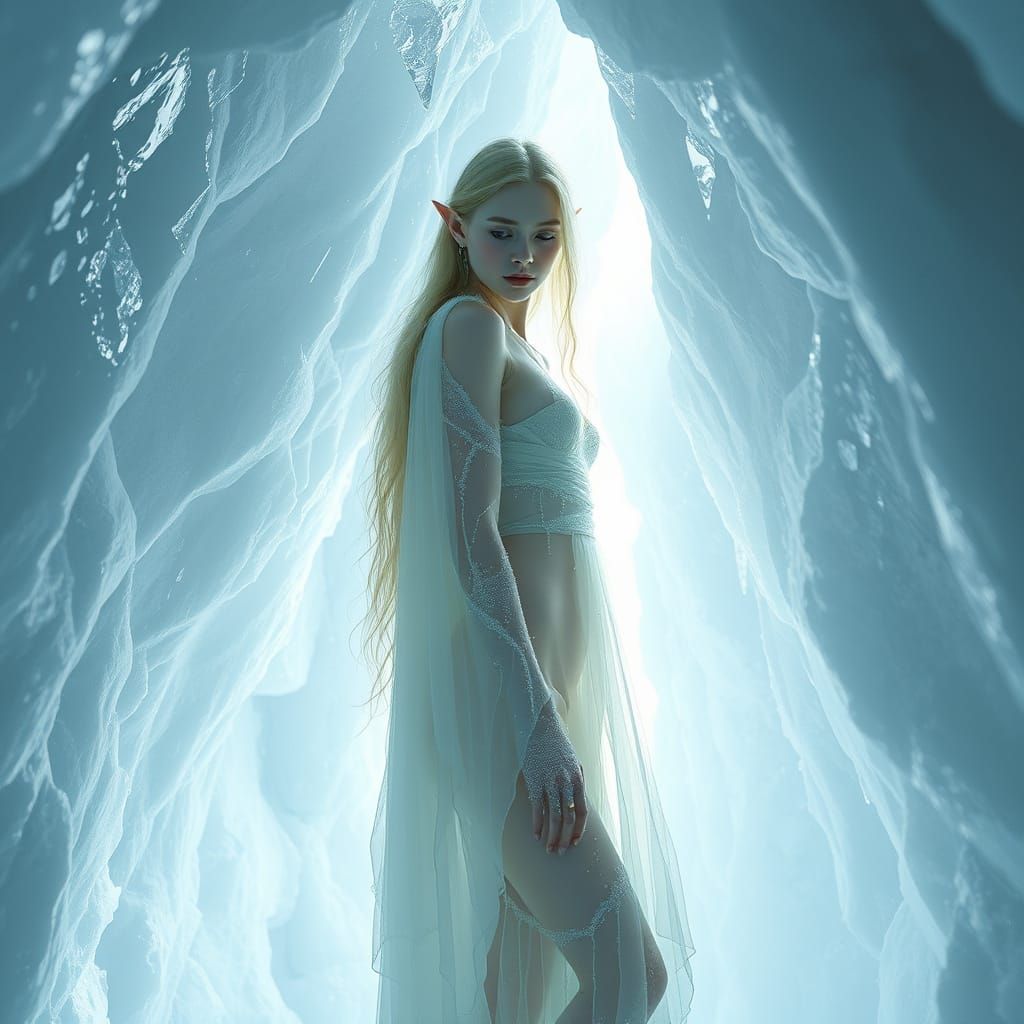 Ethereal Elven Ghost in Icy Cave - AI Art