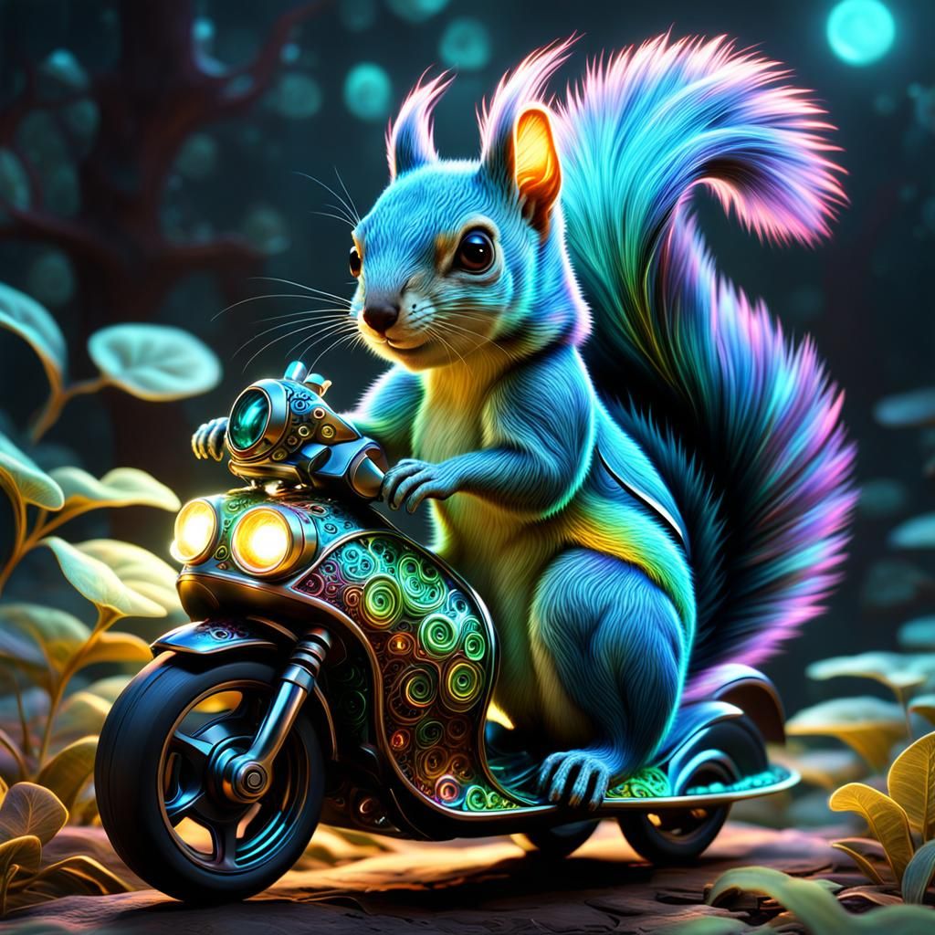 bioluminescent squirrel riding a whimsical bioluminescent vehicle - AI Generated Artwork ...