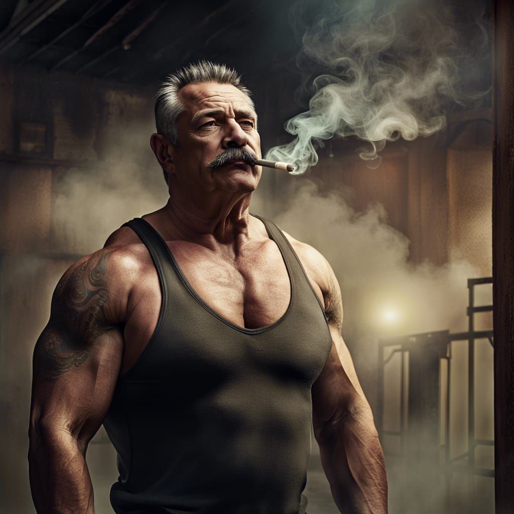Big and strong 50 year old bodybuilder, with mustache and short hair ...