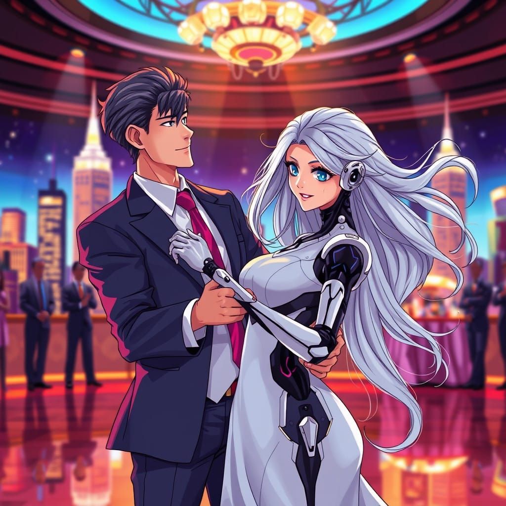 Dapper Man Dances with Android Bride in Vibrant Fu... - AI Art