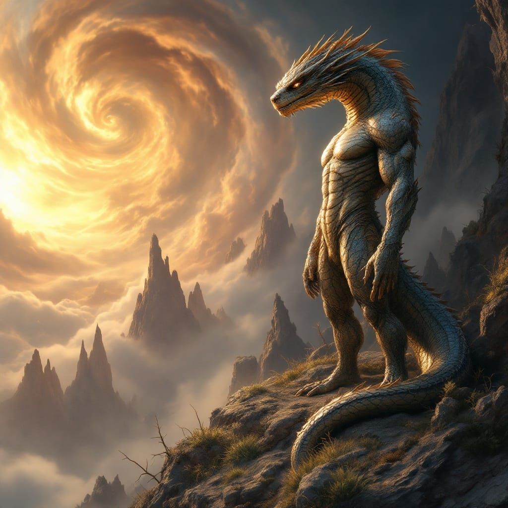 Heroic Serpent-Humanoid Stands Proud on Cliffside - AI Art