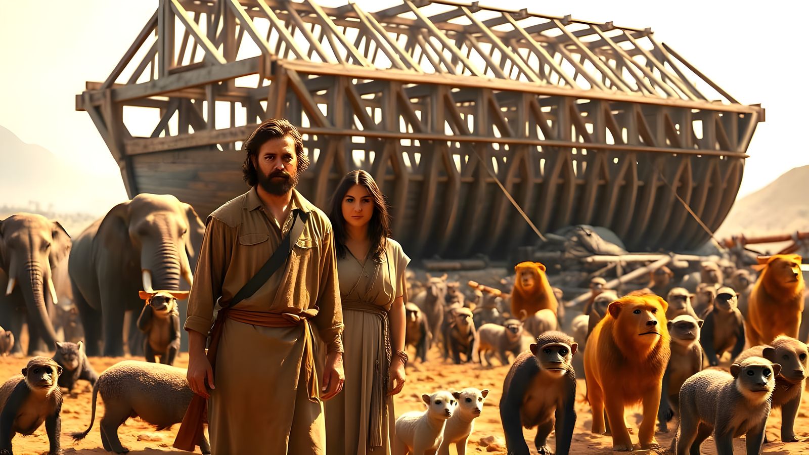 Noah and family building the ark with the help of God's creatures
