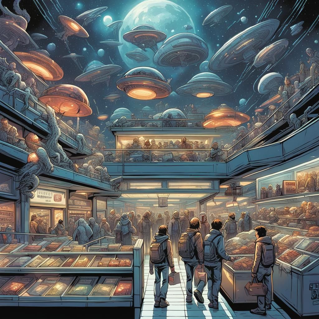 Galactic shopping mall, packed with alien shoppers. - AI Generated ...