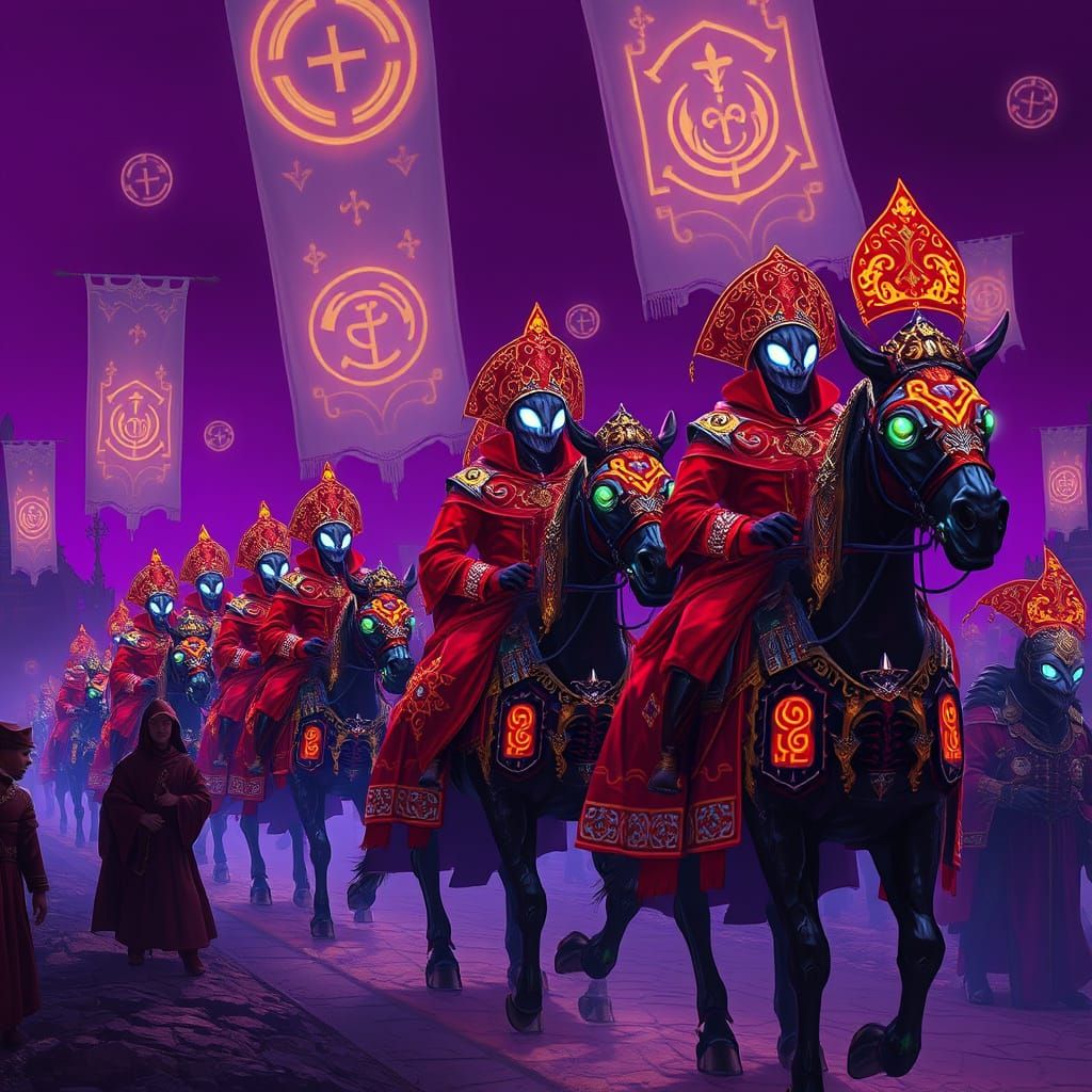 Alien Cardinals Ride Cyberpunk Horses in a Gothic,... - AI Art