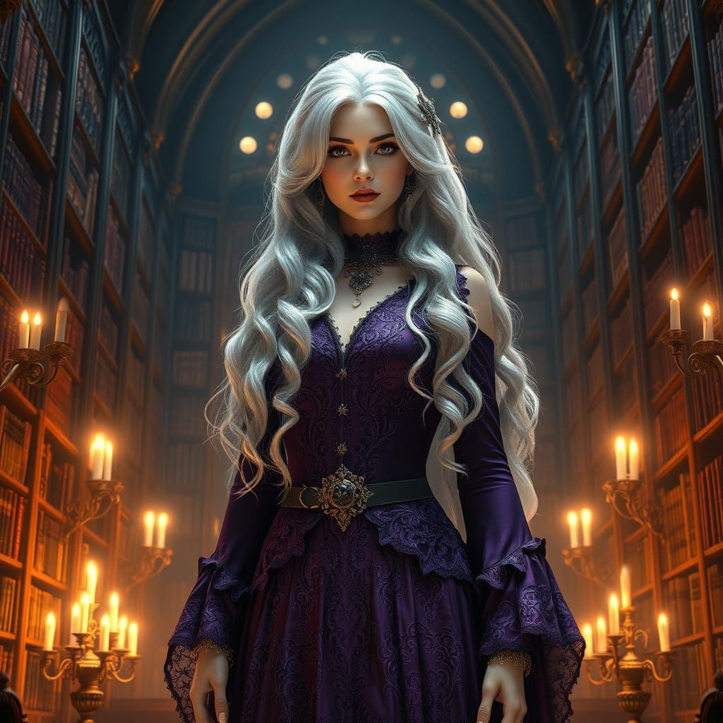 Gothic Goddess in Lavish Velvet Attire Amidst Anci... - AI Art