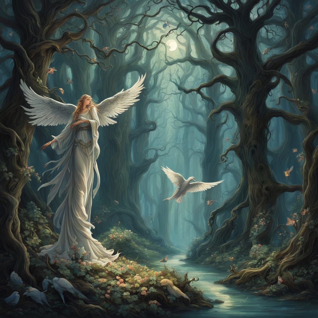 Angel Shadows in a Dreamy Forest Landscape - AI Art