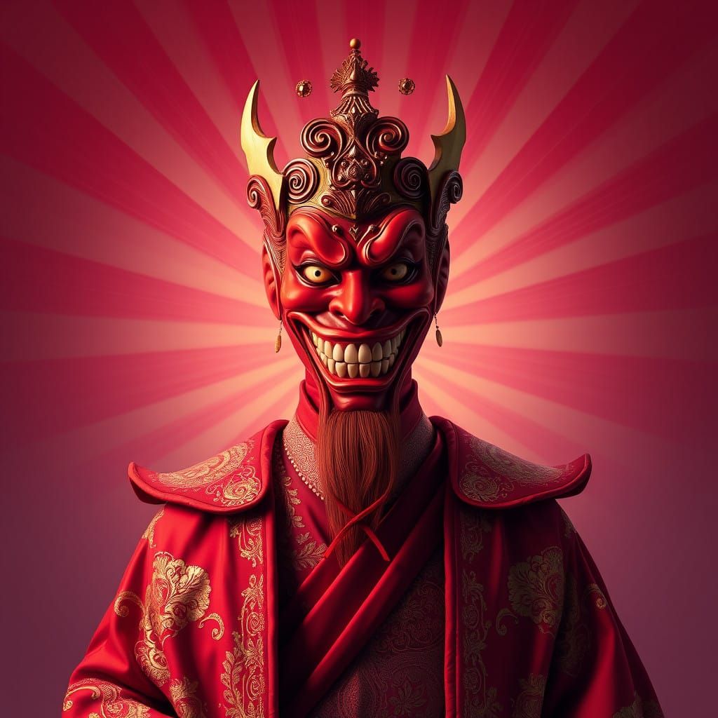 A regal figure, the Red Lord, clad in ornate, crimson attire with ...