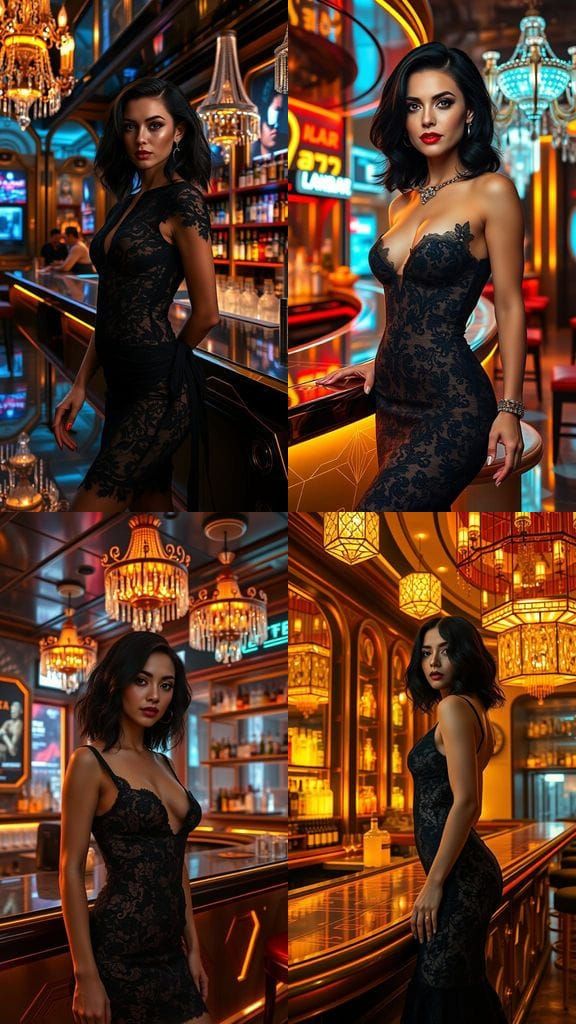 Elegant Woman Serves Drinks in a Glamorous, Neon-L... - AI Art