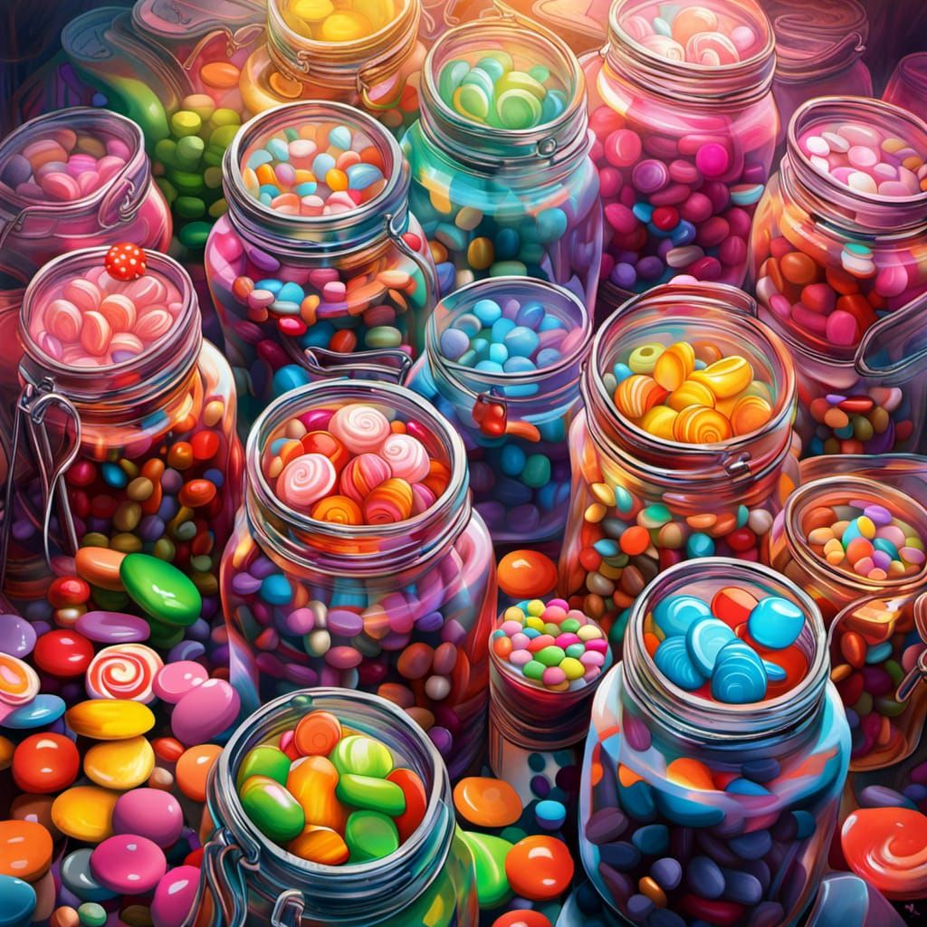 candy shop, glass jars filled with colorful candy, graffiti art, splash ...