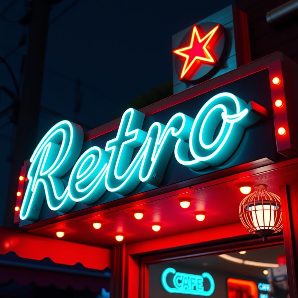 Retro Cafe Sign at Night in Detailed Matte Paintin... - AI Art