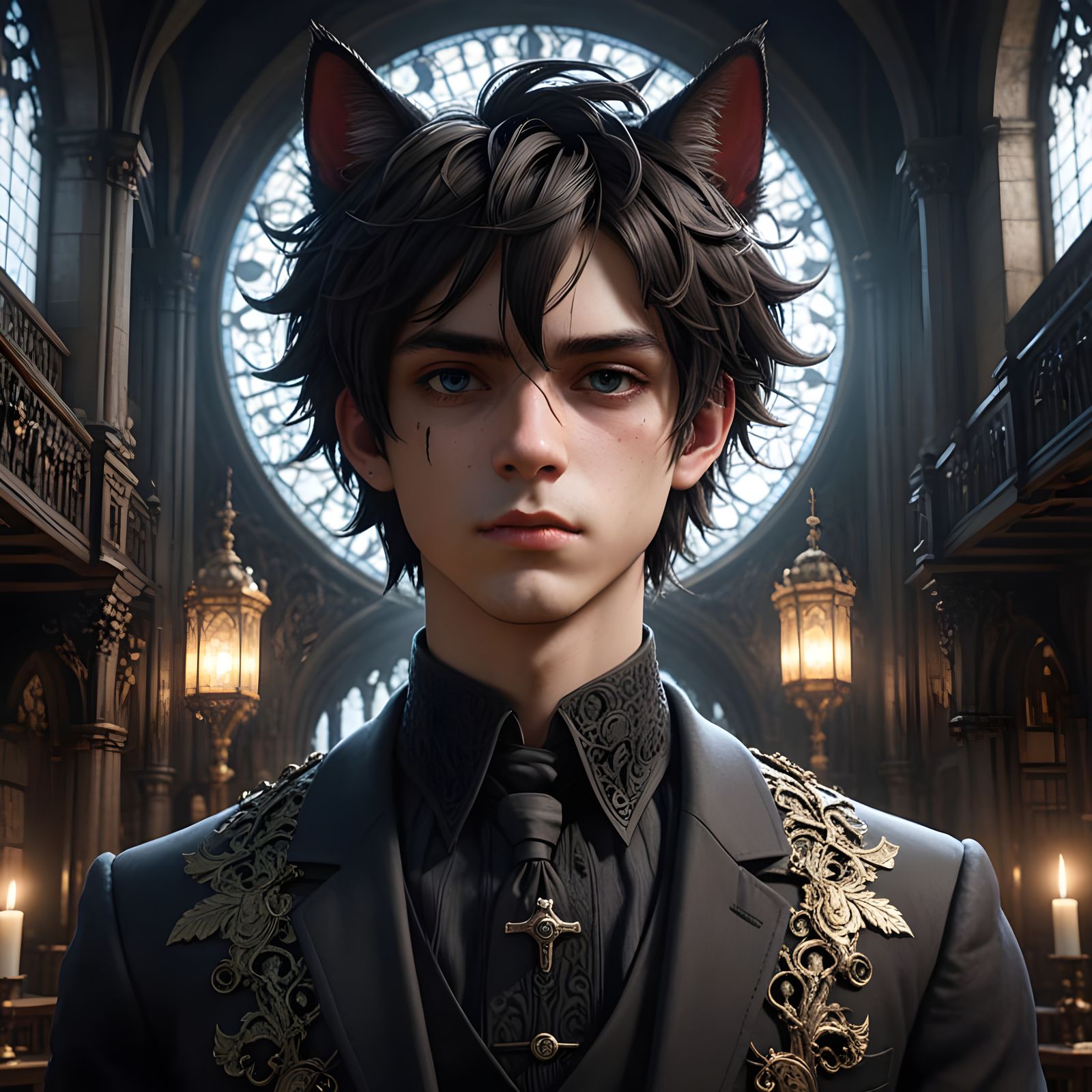 Ethereal Catboy in Gothic Dark Academia Elegance - AI Art