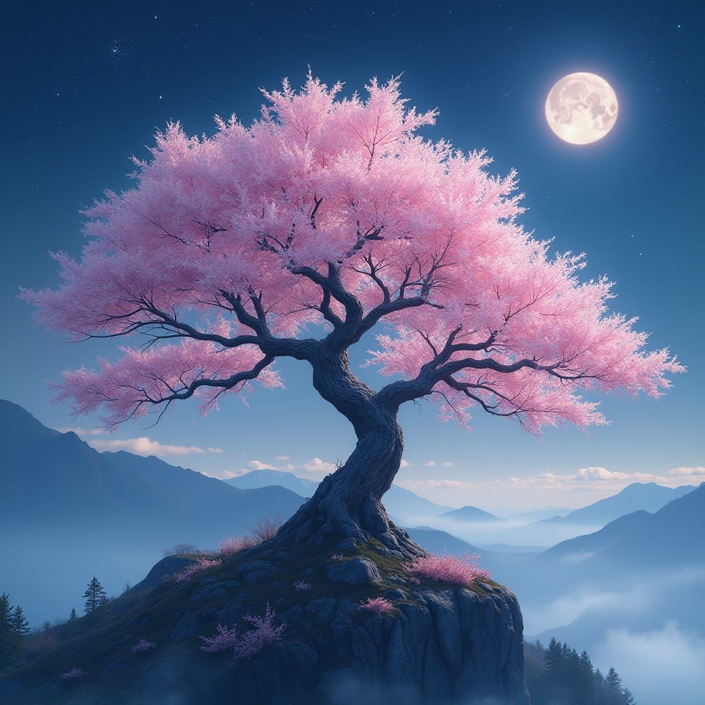 Crystal Cherry Blossom Tree on Starry Mountain Nig... - AI Art