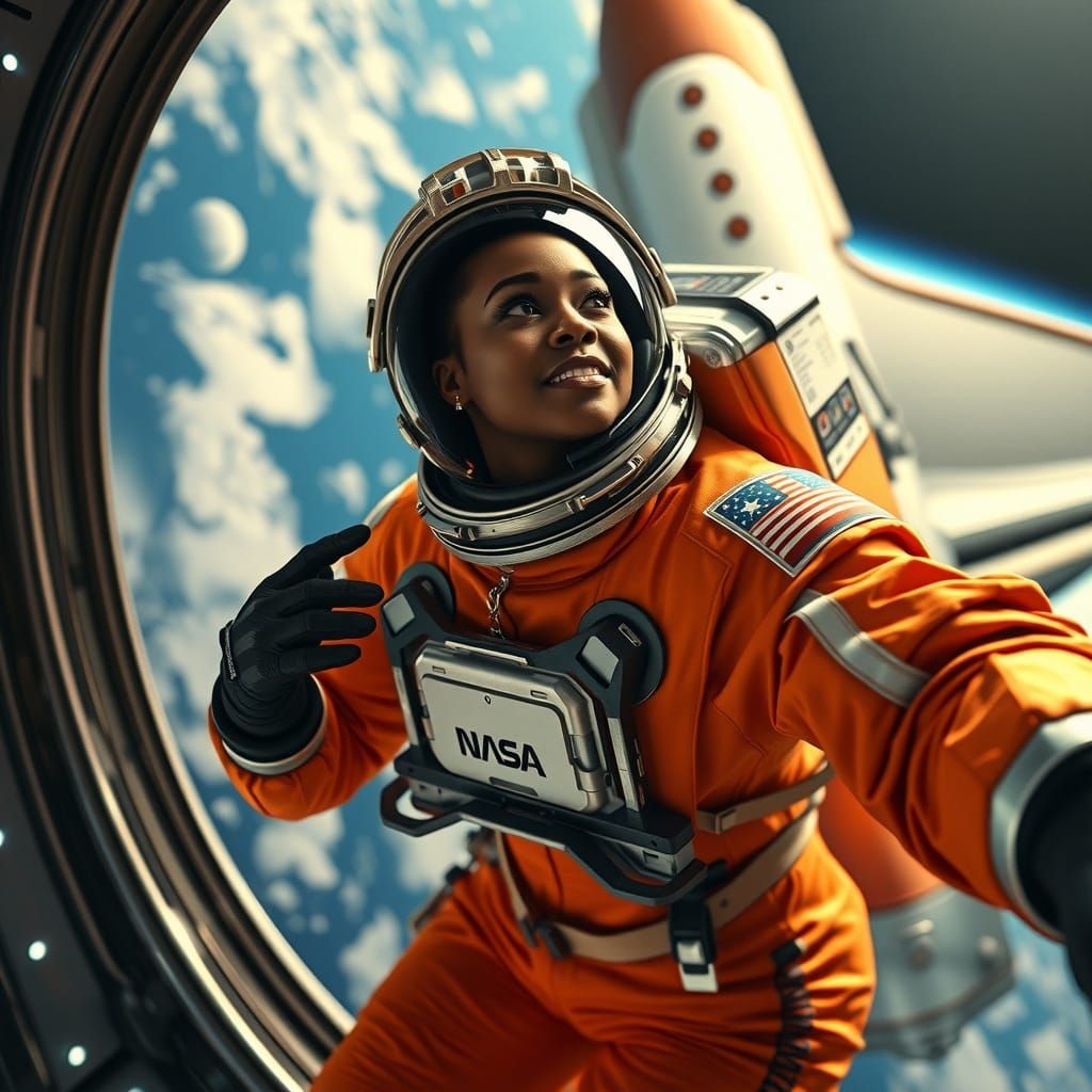 Mae Jemison first black woman in space. 1992. In orange NASA space suit ...