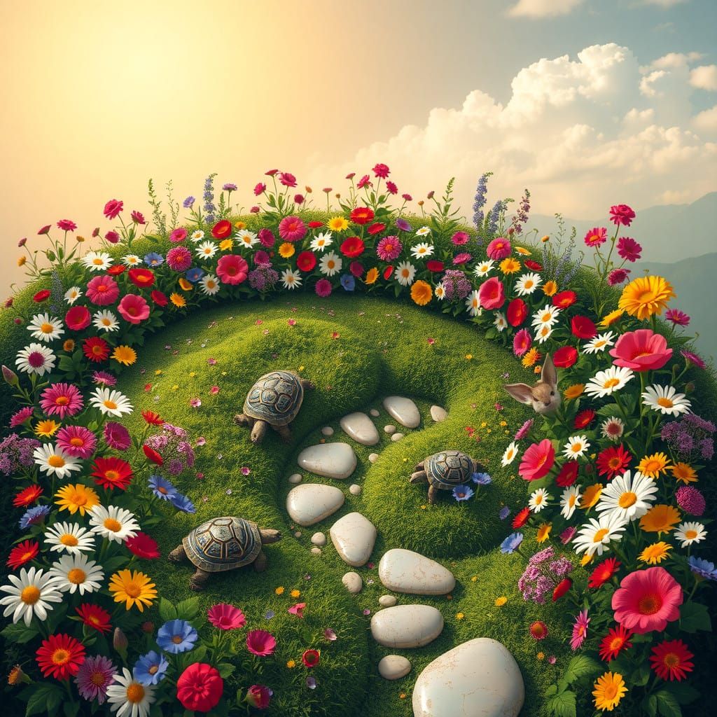 Vibrant Whimsical Garden in Spiral Pattern with Co... - AI Art