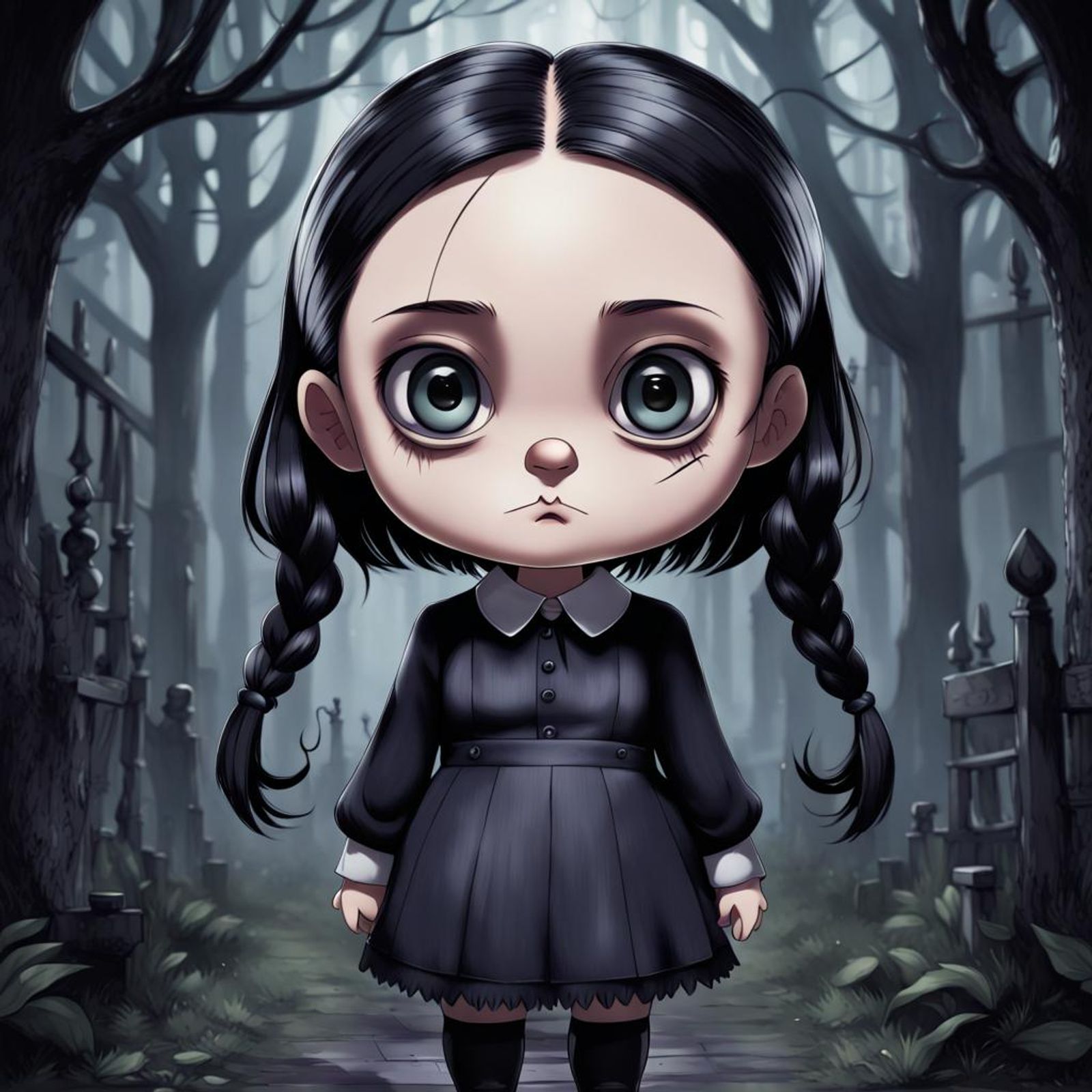 Wednesday Addams in Chibi-style - AI Generated Artwork - NightCafe Creator