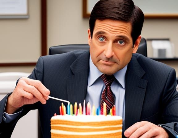 Michael Scott eating birthday cake while seated in an optometry exam ...