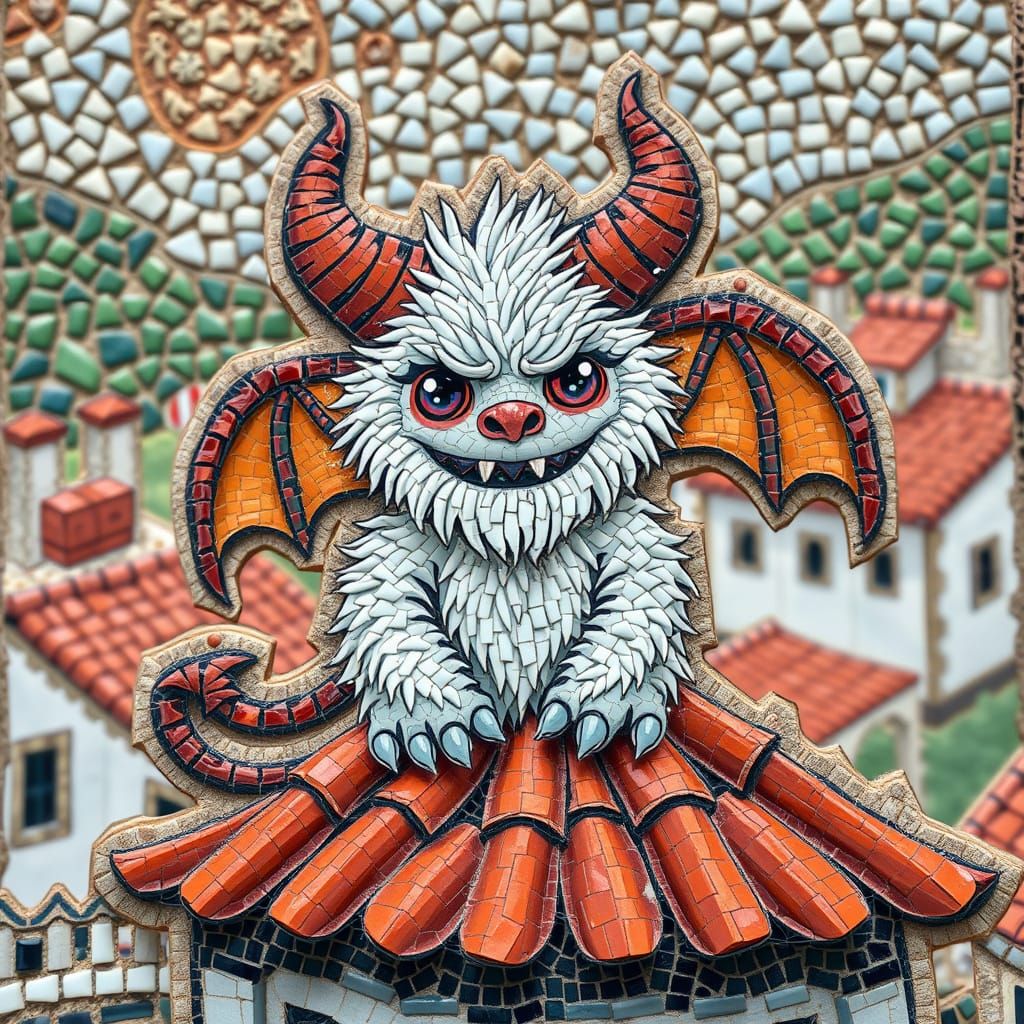 Mosaic Monster - Ancient Roman Mosaic Style Demon Sits on Ro...