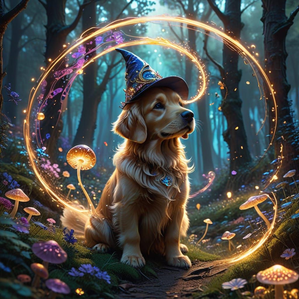 Puppy - Wizard Puppy Conjures Vortex: Anime Fantasy Art