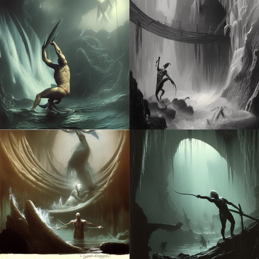 Undead merman readying trident to throw swimming in murky water beneath ...