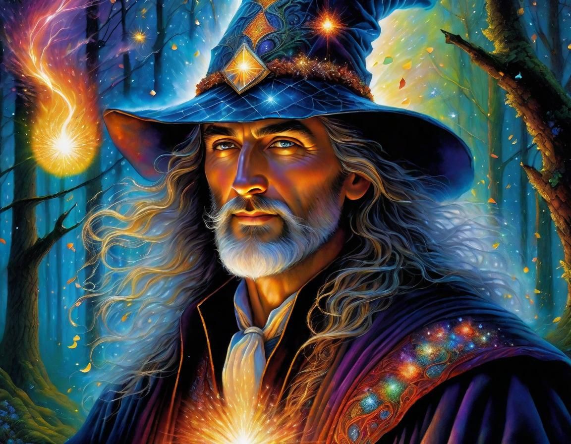Closeup head and shoulders portrait of a handsome wizard with magical ...