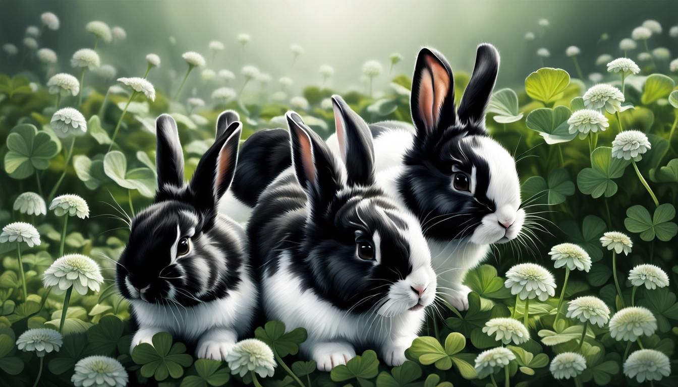 Four small black and white baby bunny rabbits eating a clover top ...