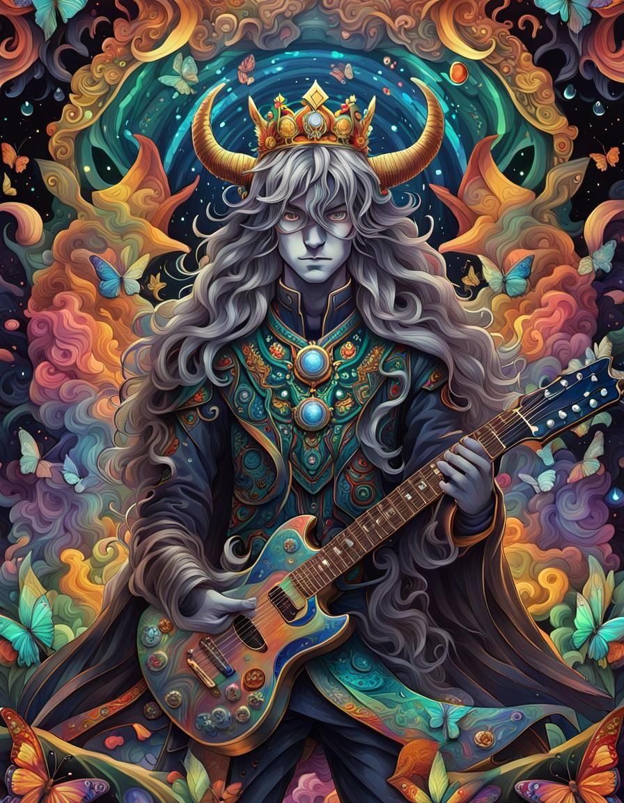 (Hyper detailed anime art of a cool deon plays guitar with big horns ...