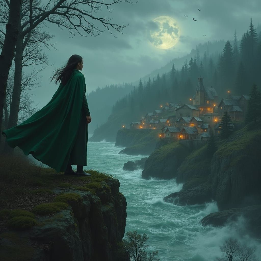 Medieval Town Overlooks Turbulent Ocean - AI Art