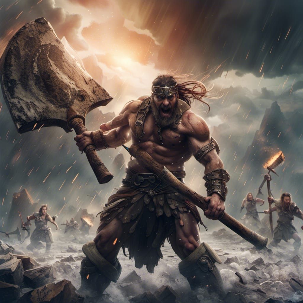 Barbarian destroying the battlefield, holding a huge axe, full of rage ...