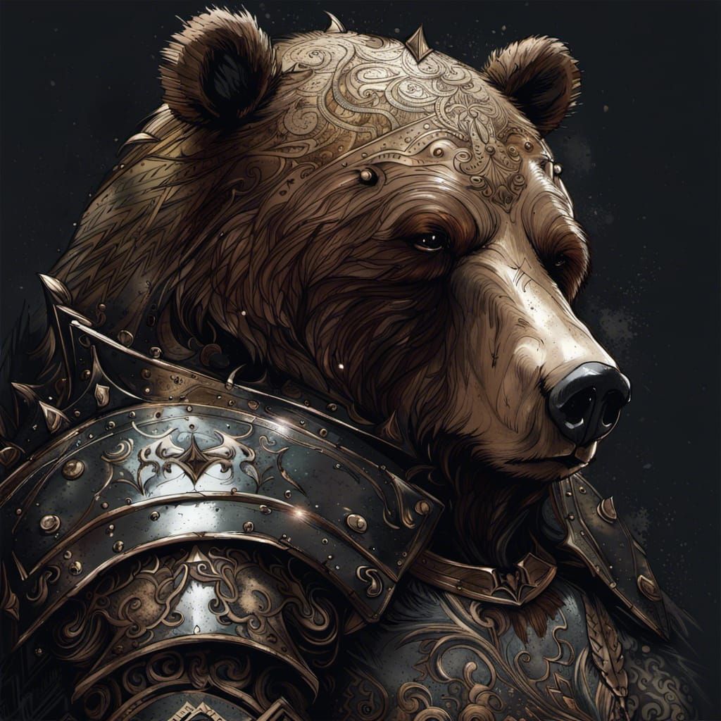 Obese Bear Knight, dark black bronze color armor, white color outlines ...