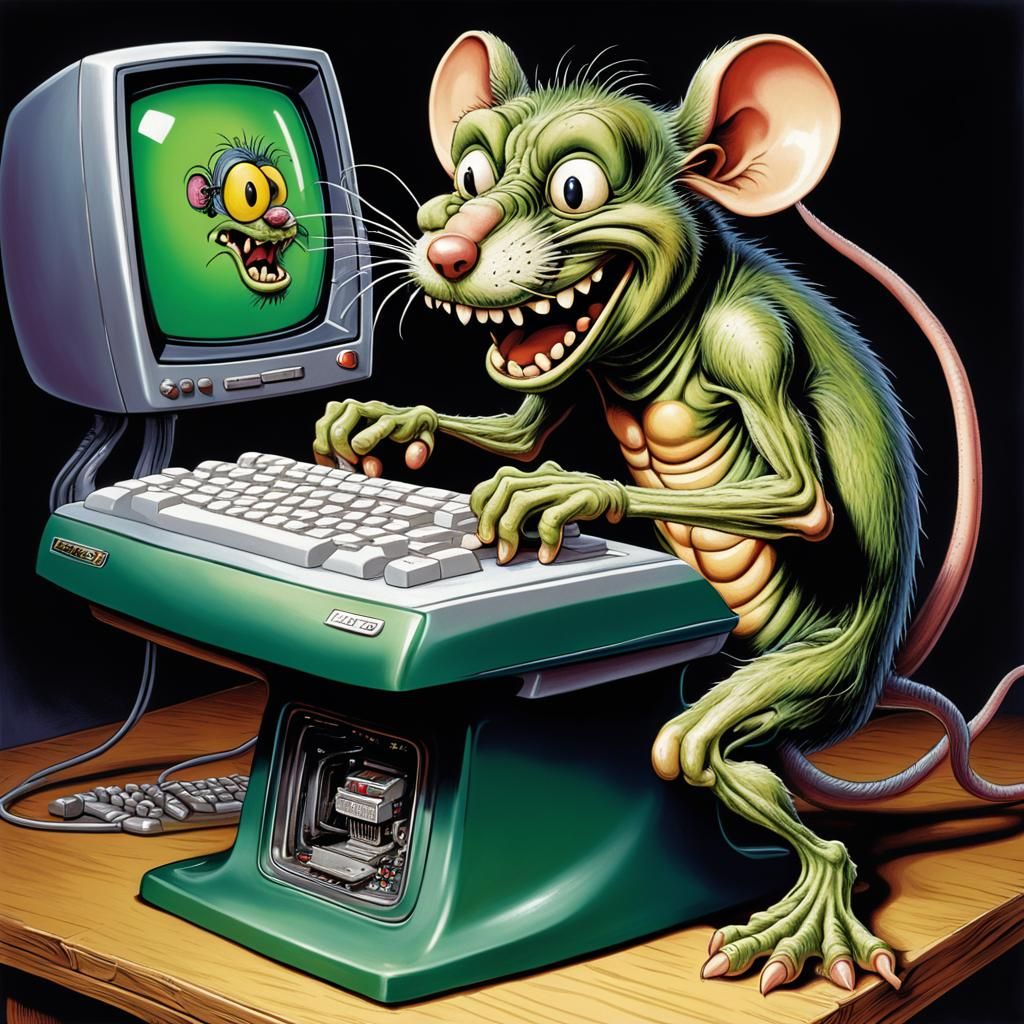 Imagine an Ed Roth illustration featuring Rat Fink, the iconic ...