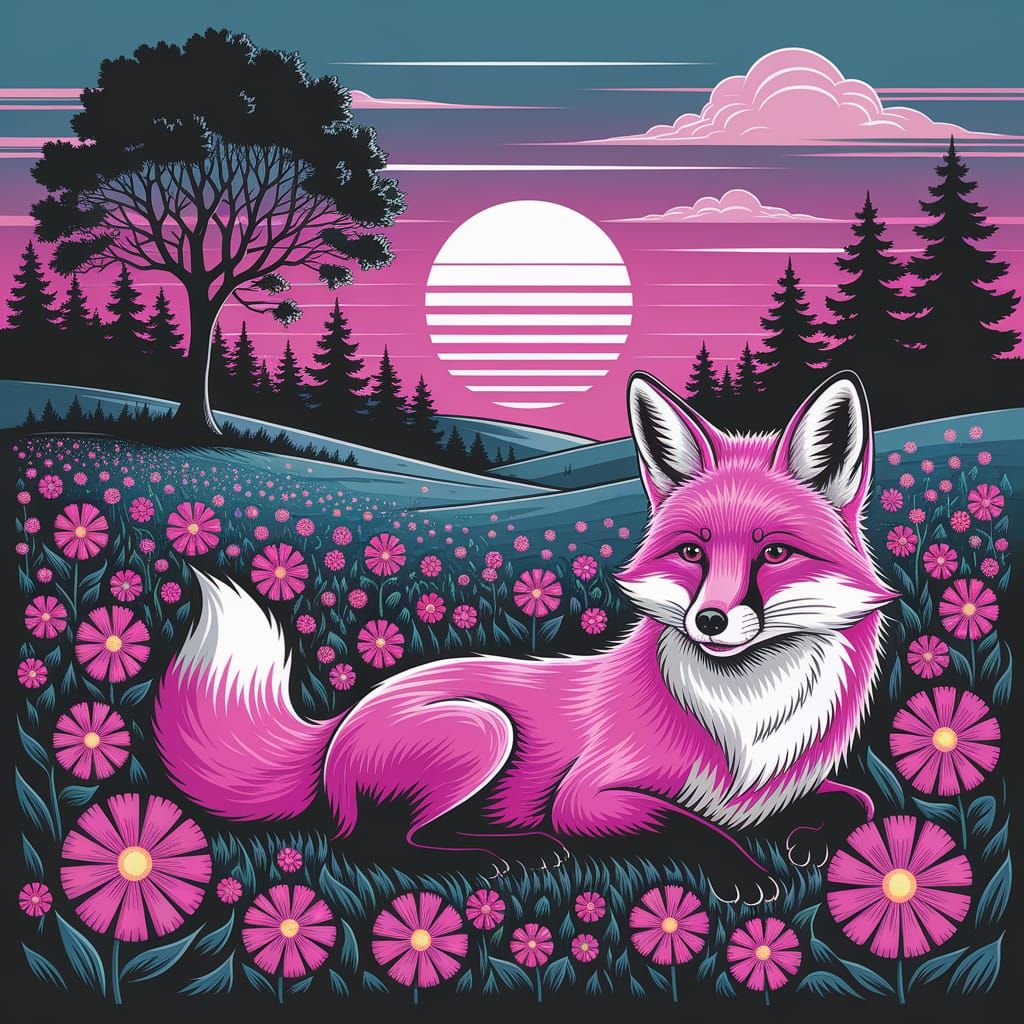 Pink fox - Neon Pink Fox in Sunset Flower Field