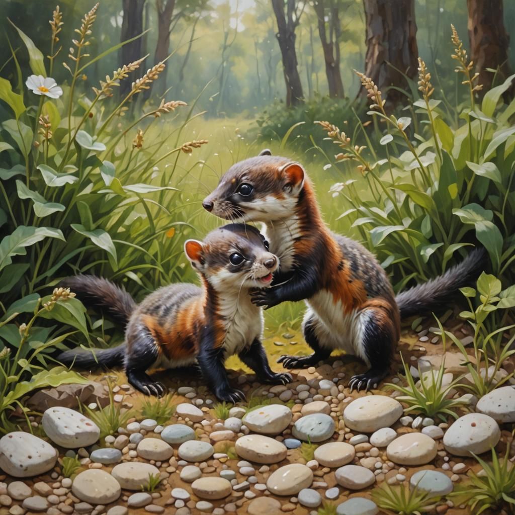 Baby weasels playing in a meadow - AI Generated Artwork - NightCafe Creator