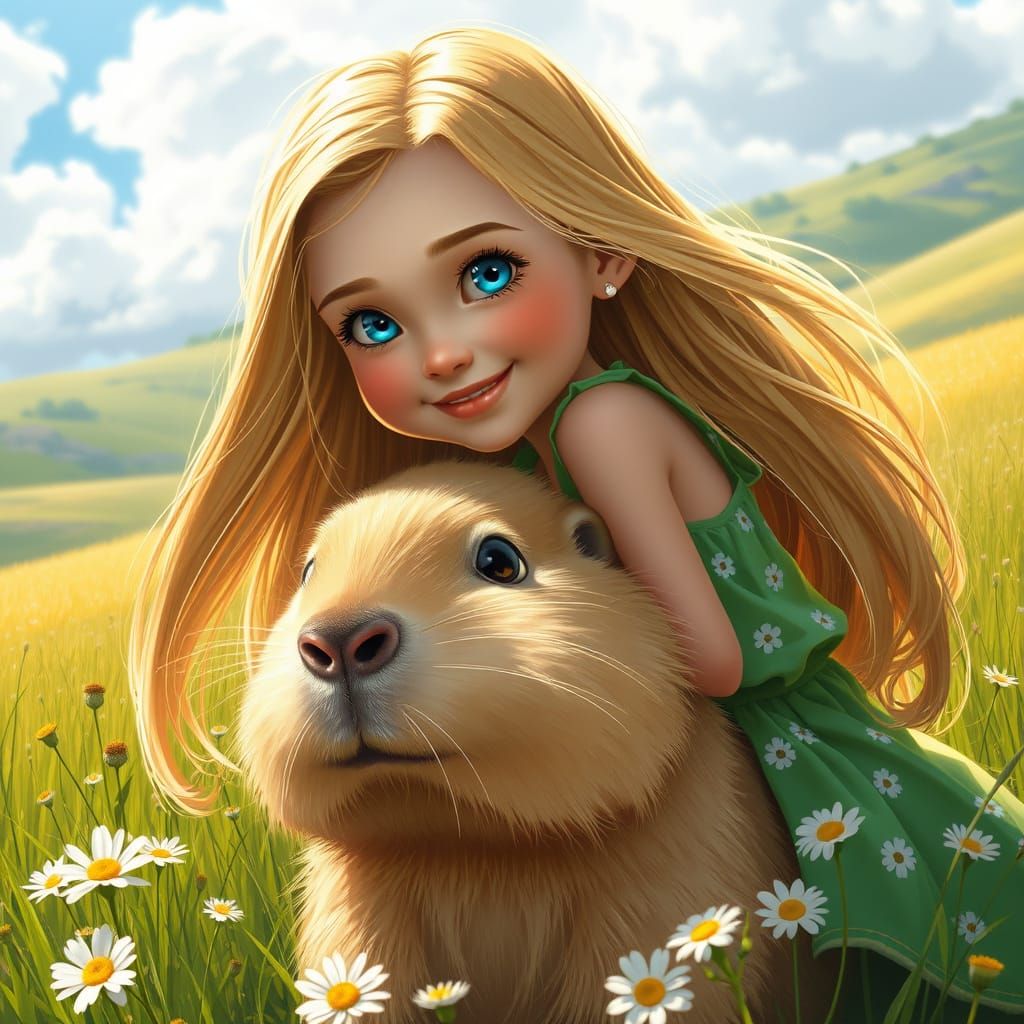 Surreal Girl Rides Chubby Capybara in Dreamy Lands... - AI Art