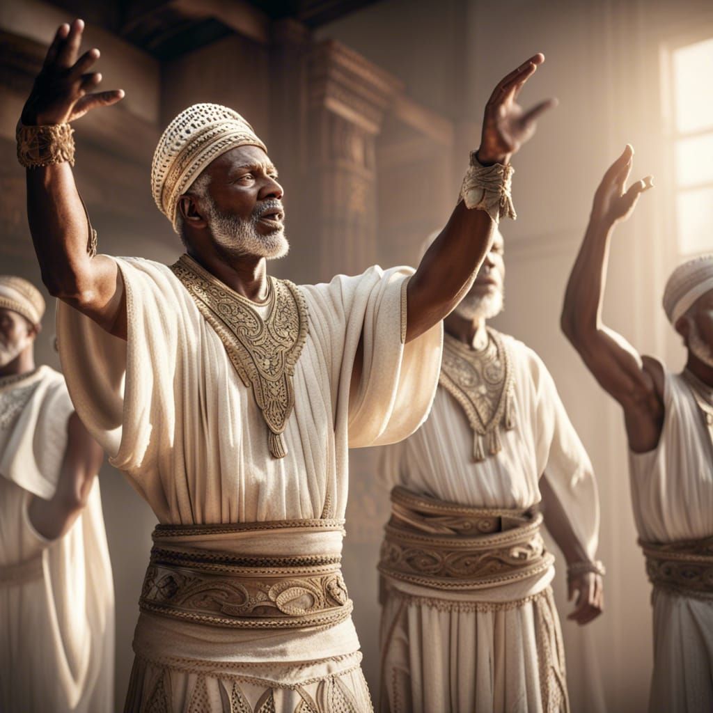 Ancient people singing and dancing:: standing up, wearing white robs ...