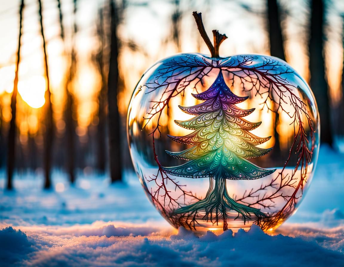 transparent glass apple with brightly lit intricately detailed ...