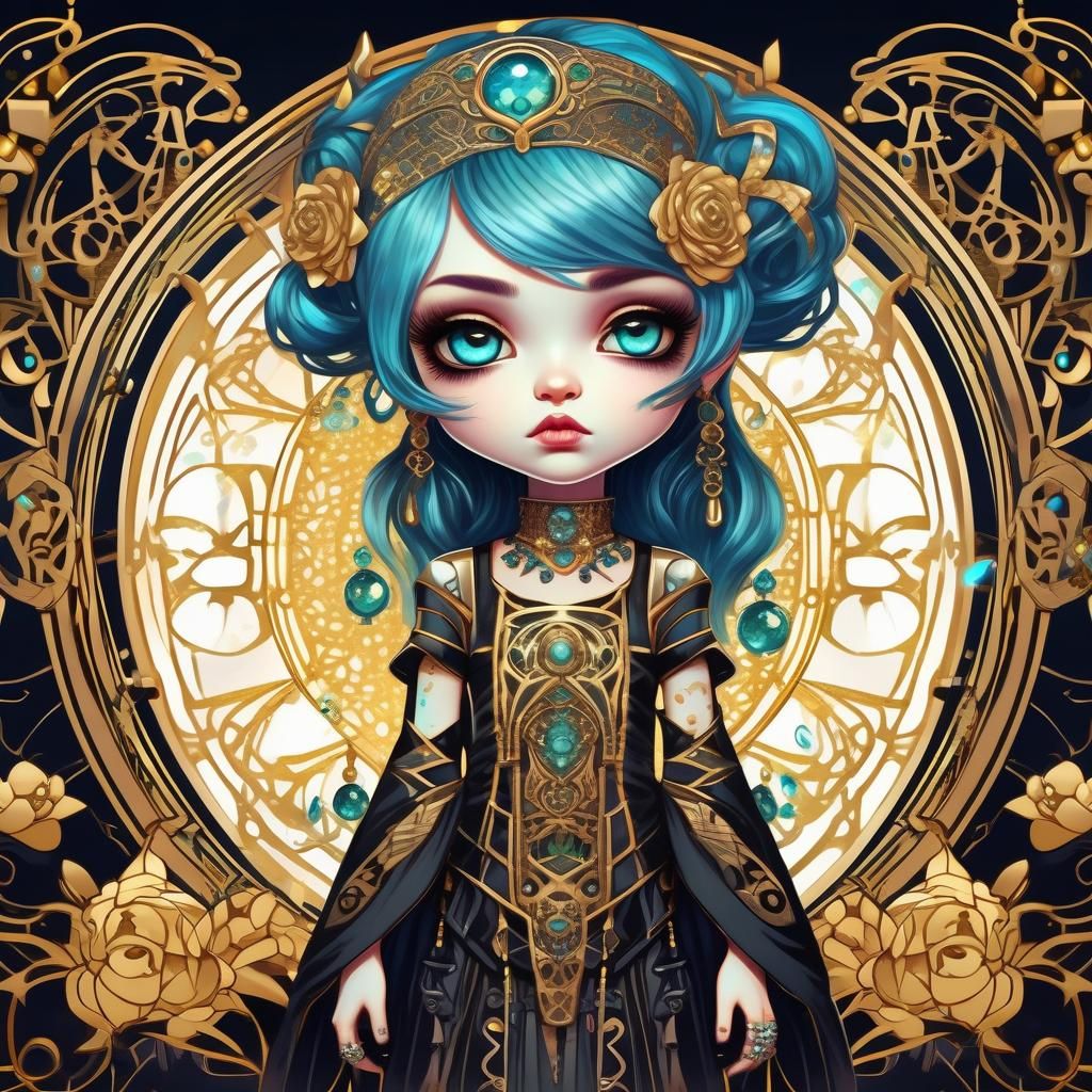 Art Nouveau Punk: Beautiful chibi goddess, large bright expressive eyes ...