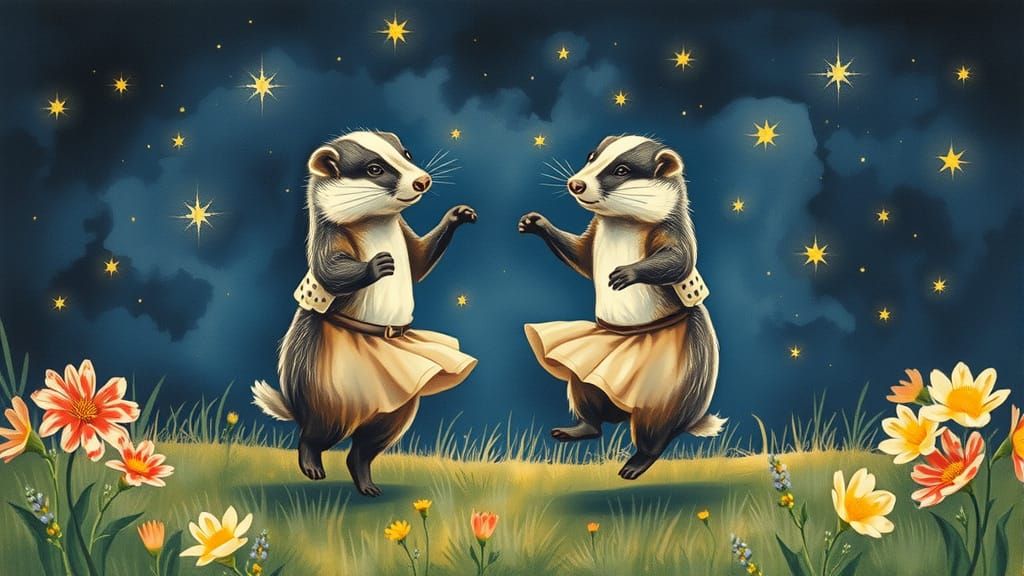 Dancing Badgers - Whimsical Badgers Dance Under Starry Night...