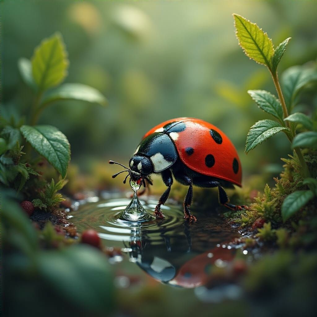 Ladybug in Detailed Clothing Drinks Glistening Wat... - AI Art