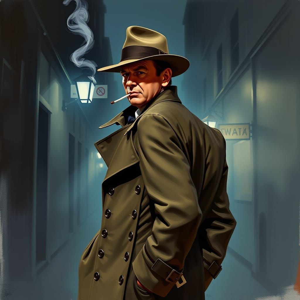 Dashing Detective in Foggy London Alley - AI Art
