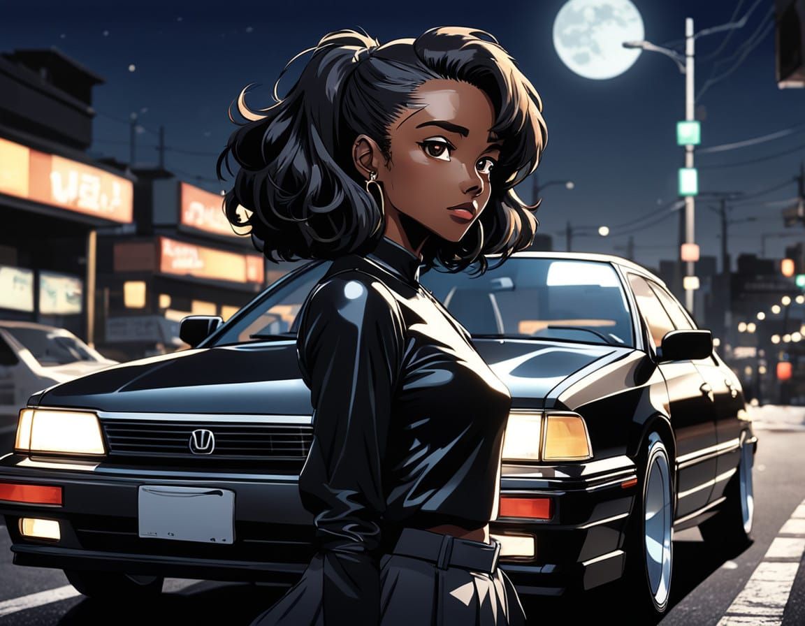 Black Anime Character Leans Against 90s Honda Acco... - AI Art