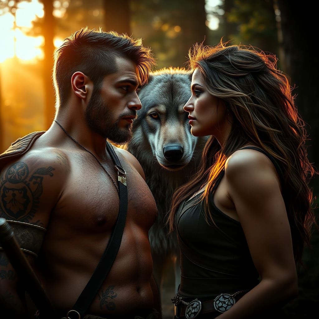 Lycan Couple Admires Majestic Grey Wolf in Misty F... - AI Art
